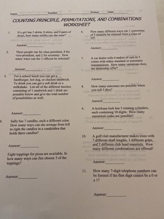 Solved Date Name Teacher Period Counting Principle Worksheets Library