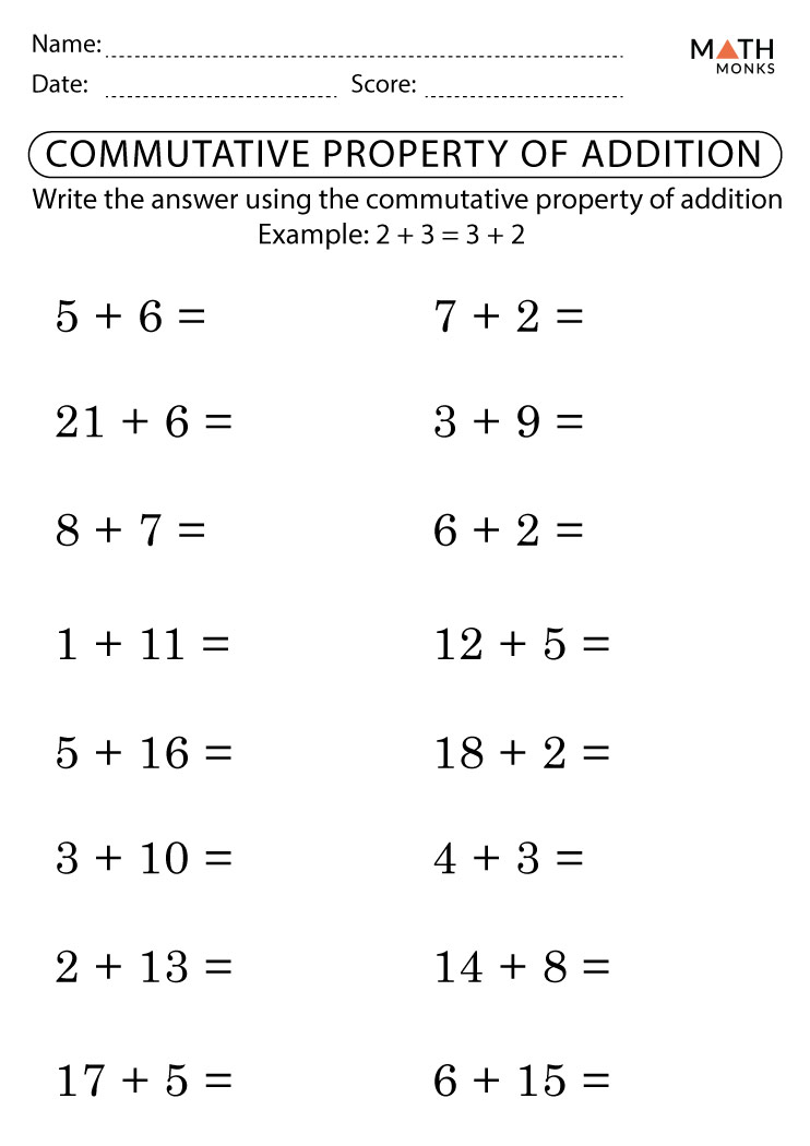Commutative Property Of Addition Worksheets With Answer Key