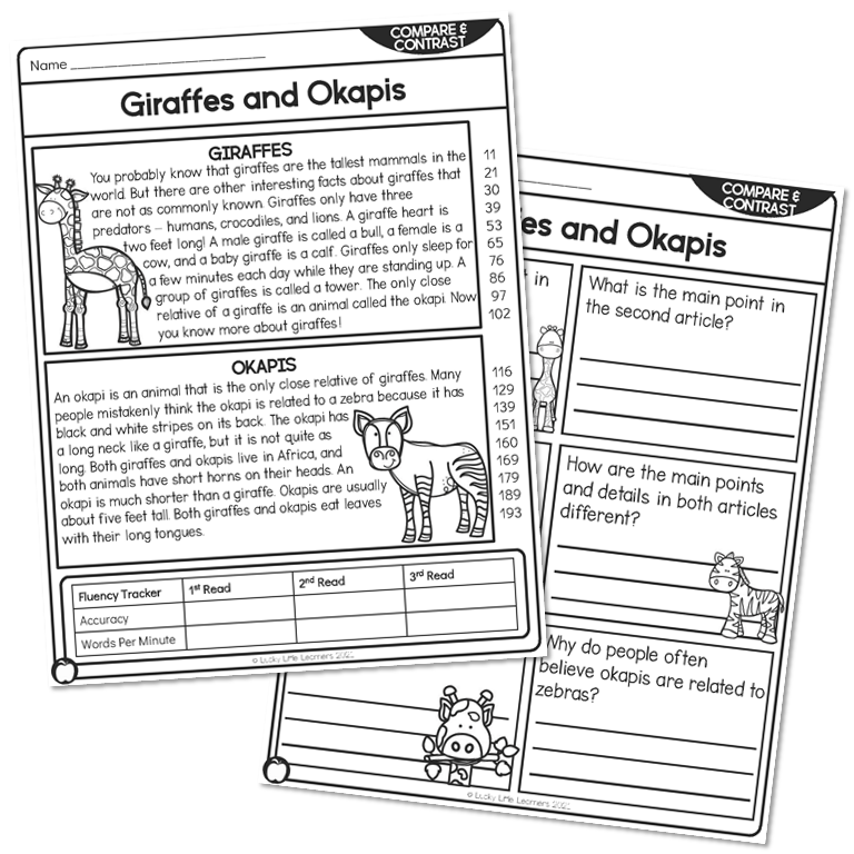 2nd Grade NonFiction Compare and Contrast Reading Passage - Giraffes ...