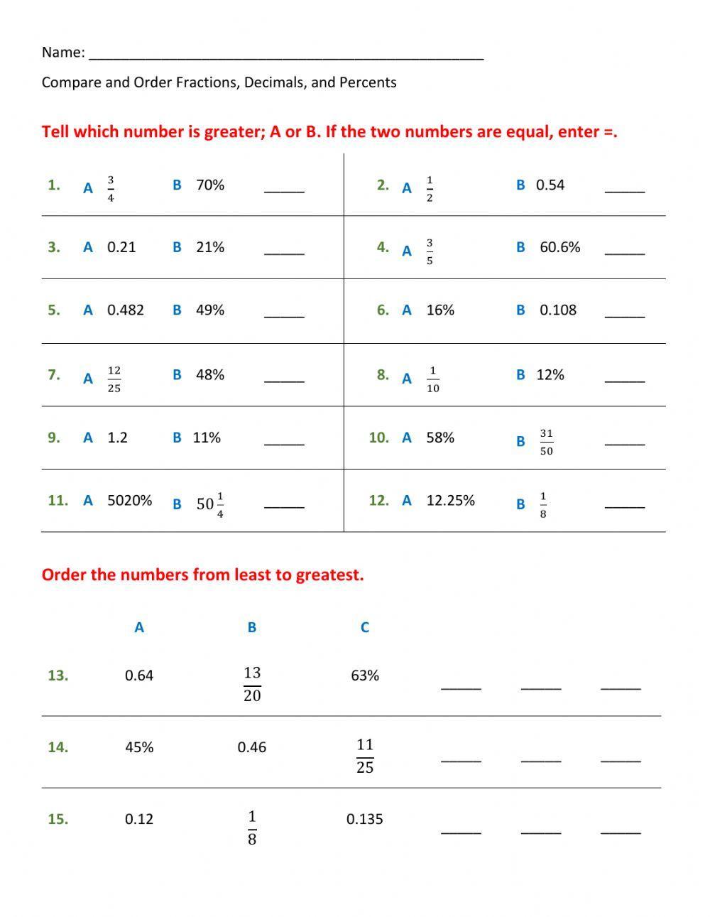 Compare And Order Fractions Decimals Percents Worksheet Live Compare And Order Fractions Decimals Percents Worksheet Live