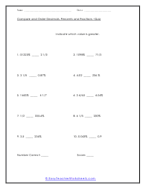 Compare and Order Decimals, Percents and Fractions Worksheets ...