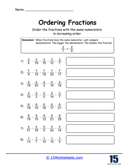 Free Comparing And Ordering Fractions And Mixed Numbers Worksheet