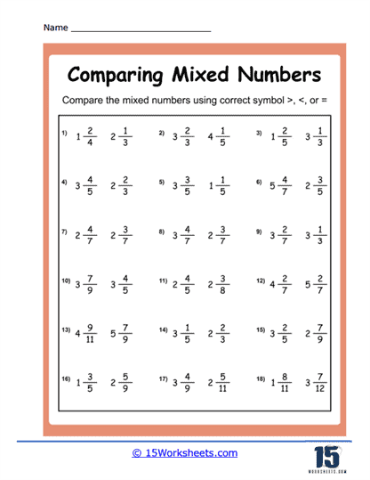 Free Comparing And Ordering Fractions And Mixed Numbers Worksheet