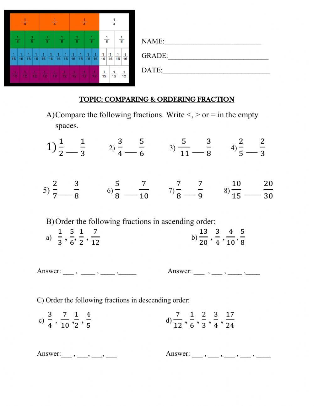 Free Comparing And Ordering Fractions Worksheet 4th Grade Download