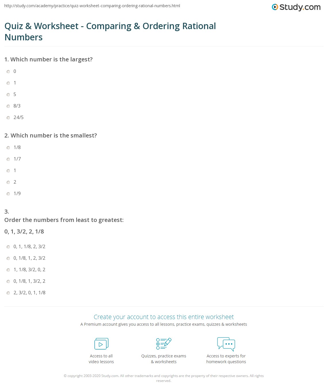 Quiz And Worksheet Comparing And Ordering Rational Numbers
