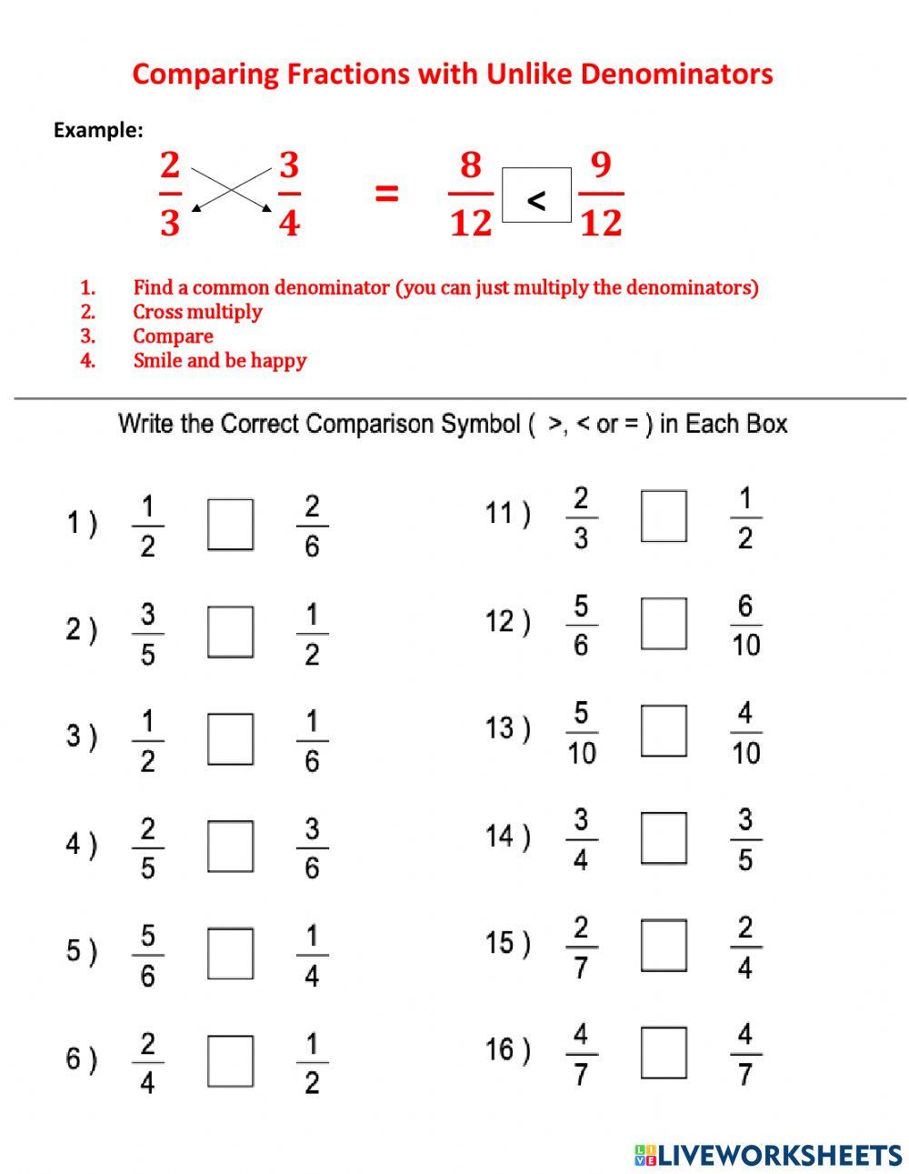 Compare Fractions With Unlike Denominators Interactive Worksheet