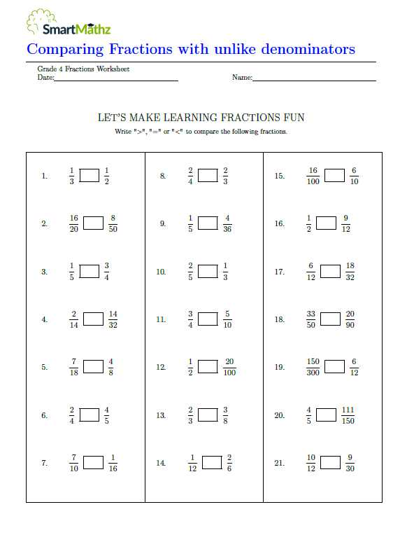 Comparing Fractions With Different Denominators Worksheet For 3rd