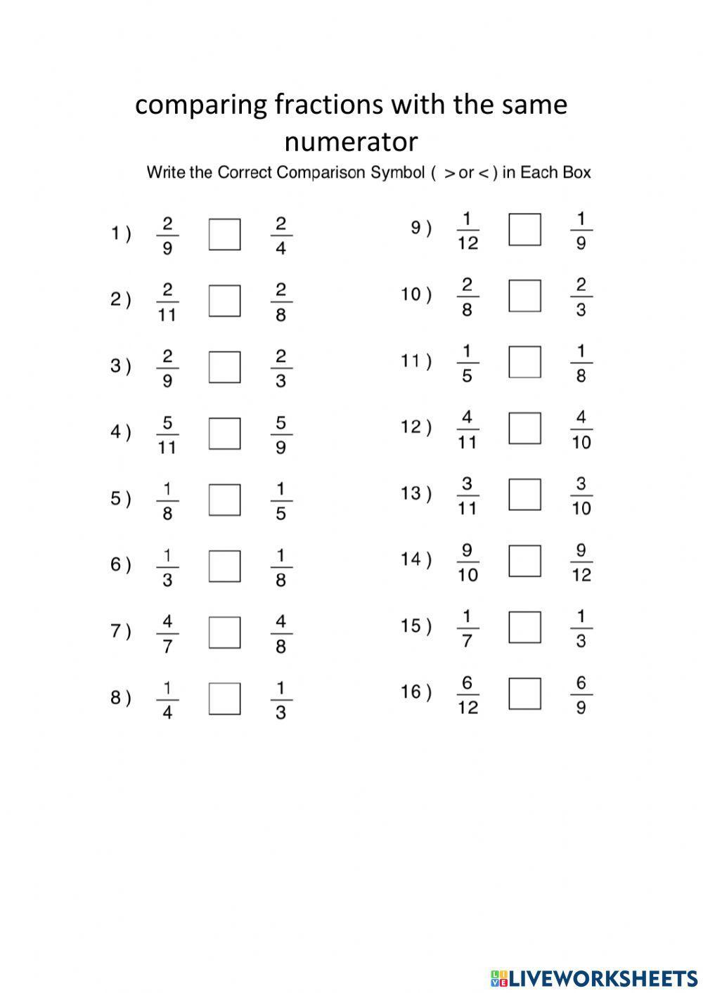 Comparing Fractions With The Same Numerator Worksheet Live Worksheets Library