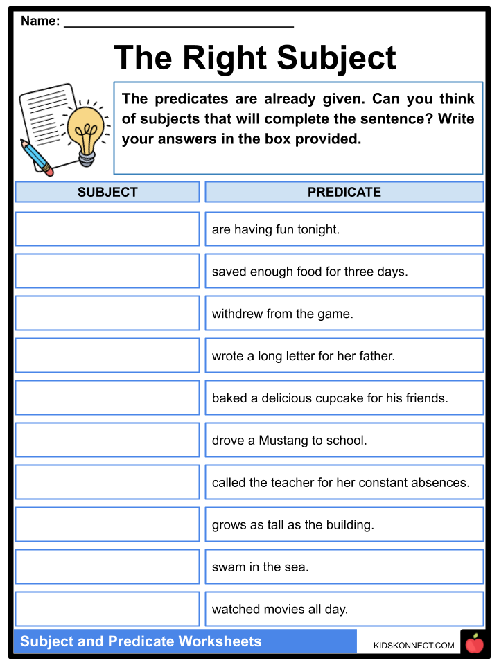 Subject and Predicate Examples and Worksheets | KidsKonnect ...