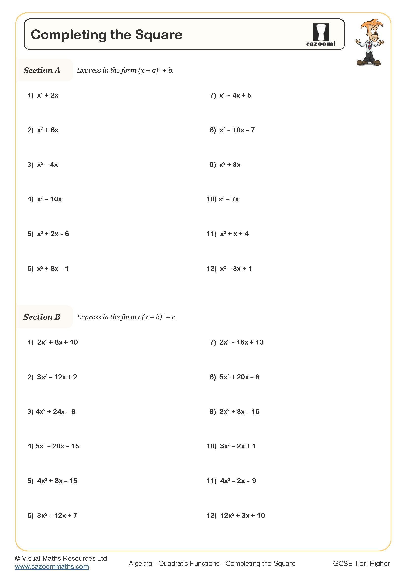 Completing the Square Worksheet | Cazoom Maths Worksheets - Worksheets Library
