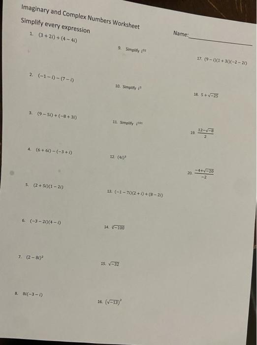Solved Imaginary and Complex Numbers Worksheet Simplify | Chegg.com - Worksheets Library