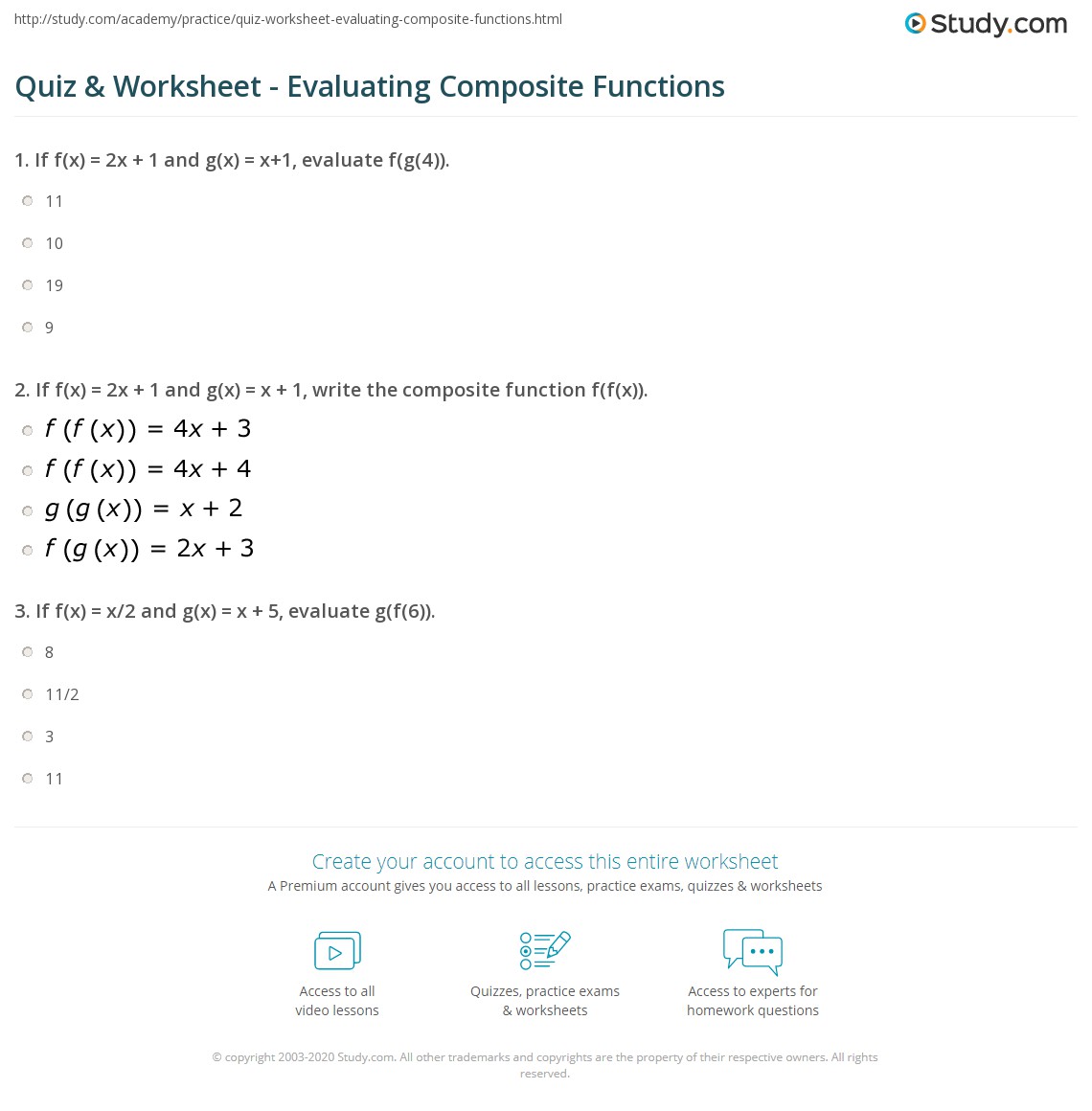 Quiz And Worksheet Evaluating Composite Functions Worksheets Library