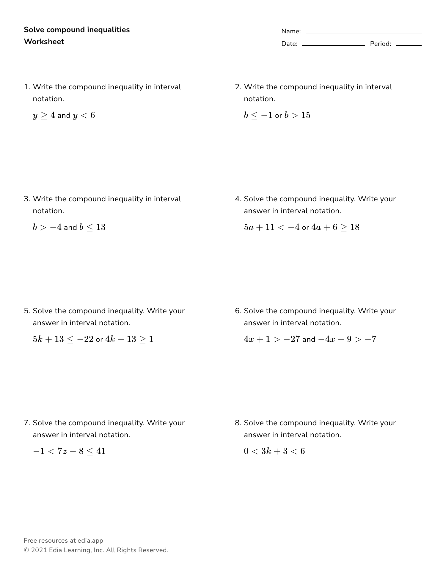 Free compound inequalities worksheet algebra 1, Download Free compound ...