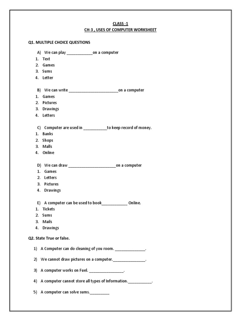 Class 1 Ch 3 Uses Of Computer Worksheet Q1 Multiple Choice