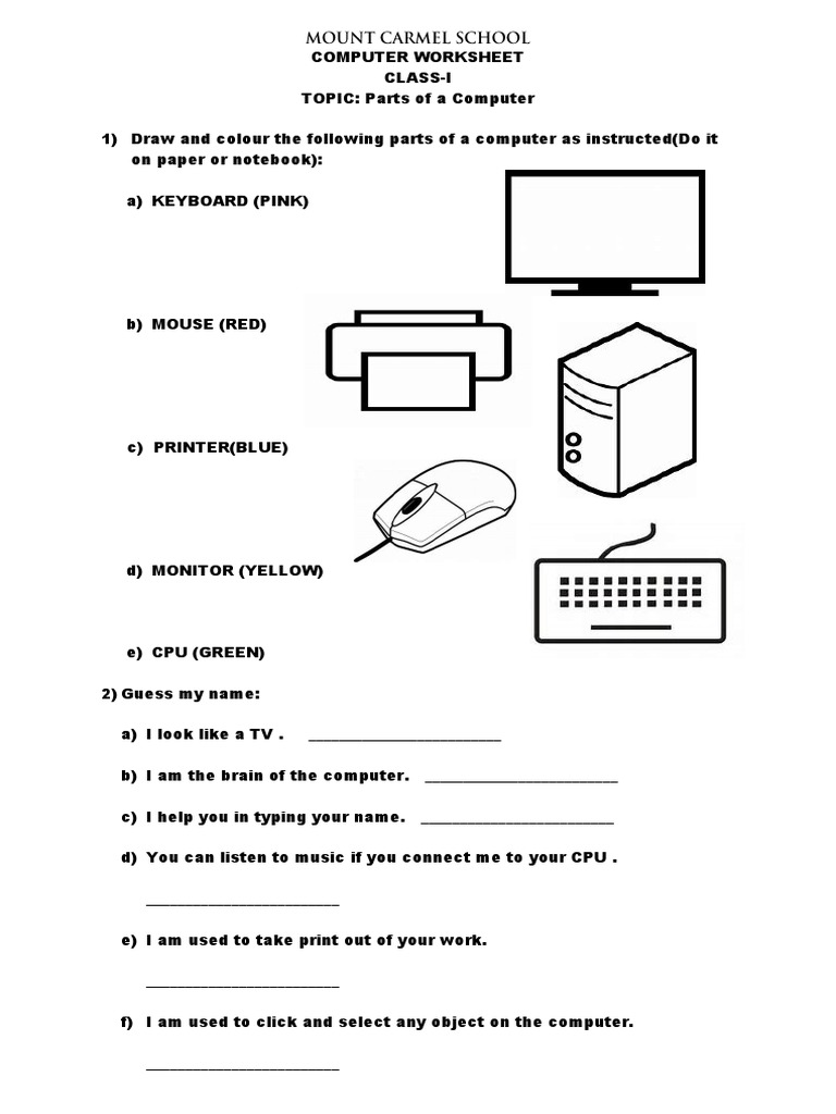 Parts of A Computer Worksheet - Class1 | PDF - Worksheets Library