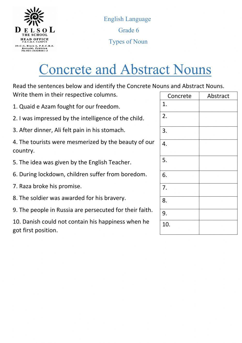 Concrete Or Abstract Nouns Worksheet K5 Learning Worksheets Library