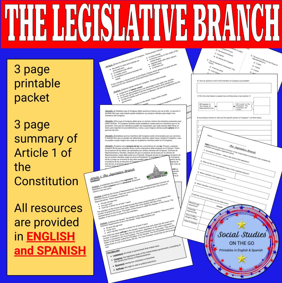 Legislative Branch & Congress American Government Printable Worksheet ...
