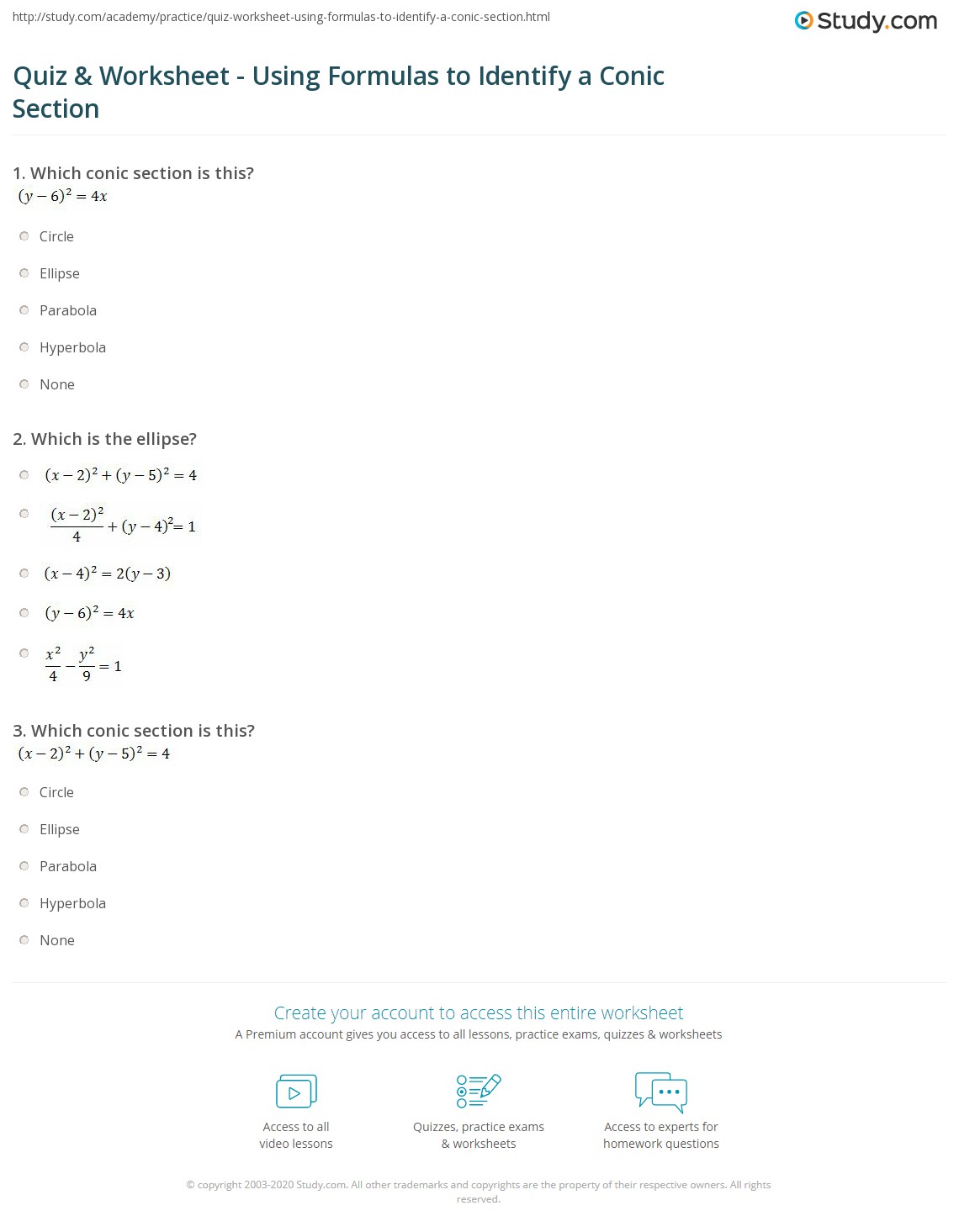 Quiz And Worksheet Using Formulas To Identify A Conic Section