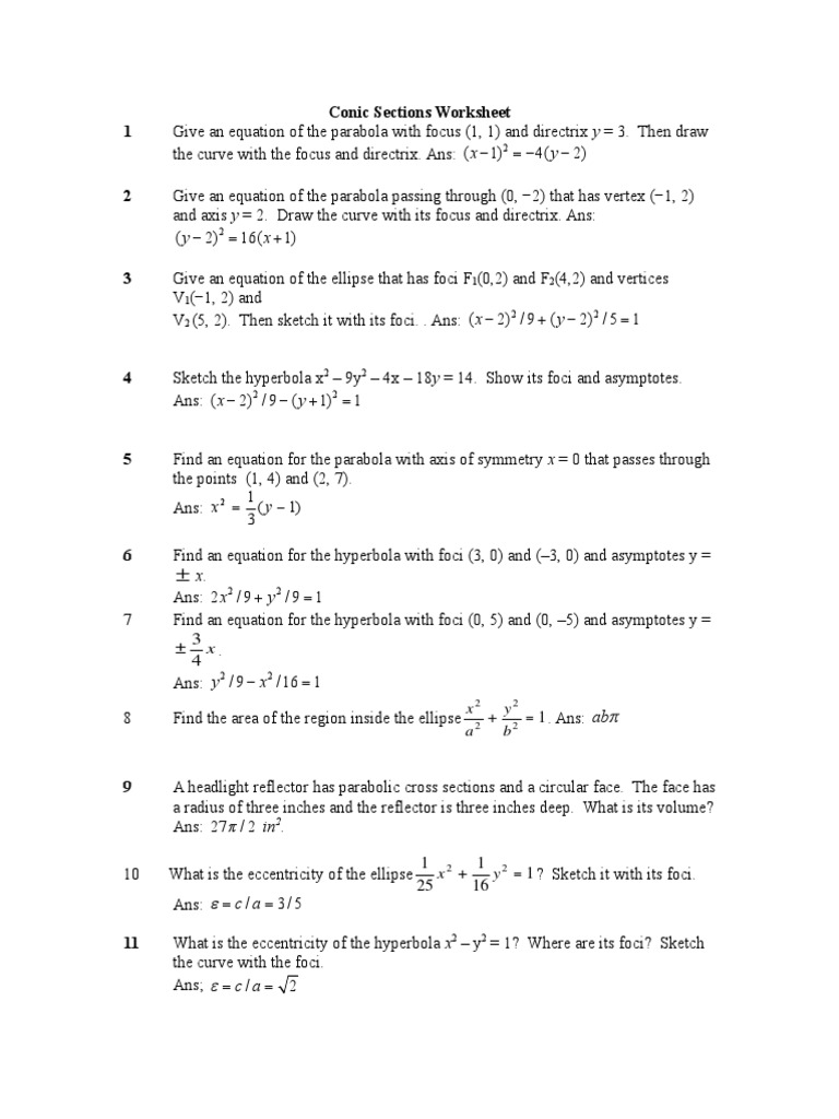 Conic Sections Worksheet Pdf René Descartes Euclidean Geometry Worksheets Library