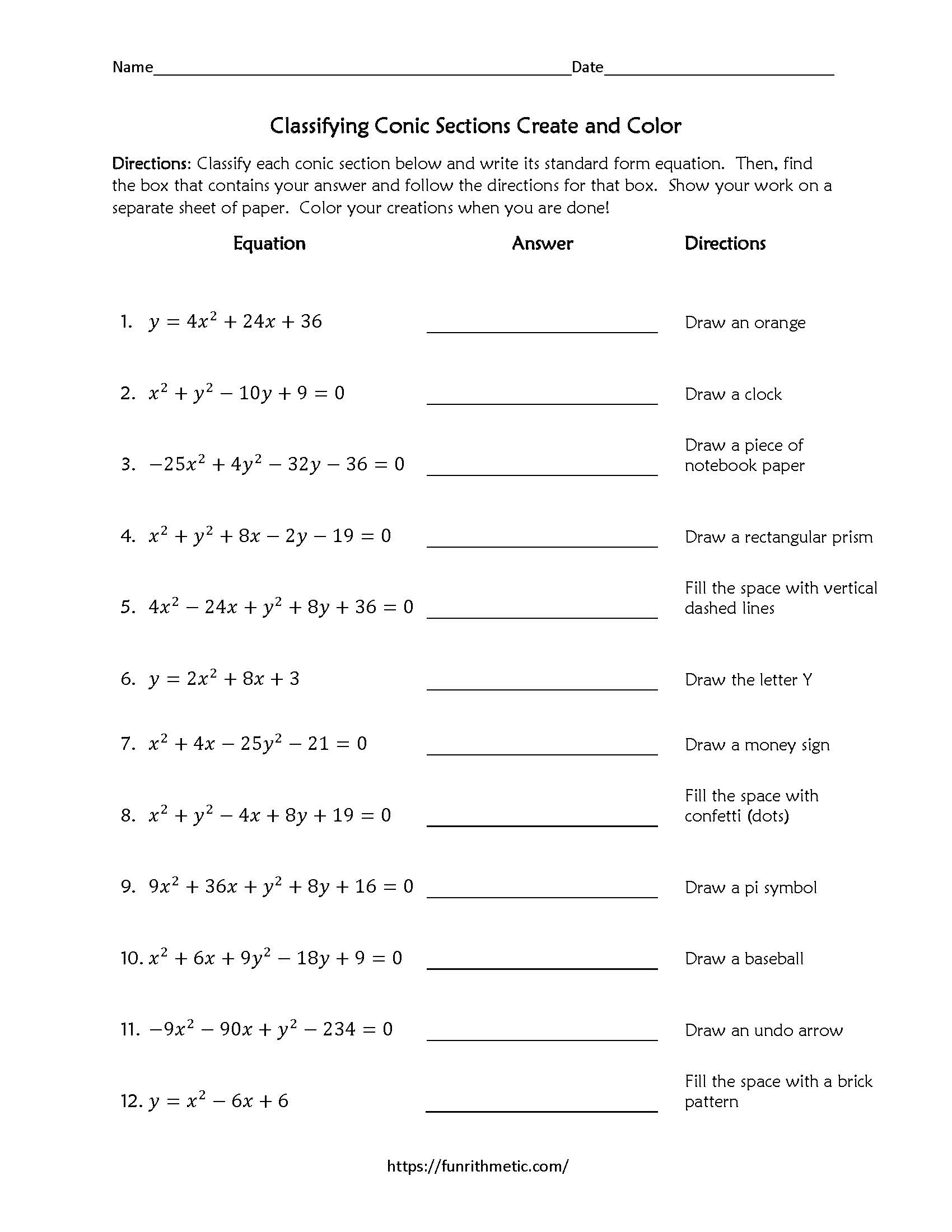 Classifying Conic Sections Create And Color Worksheets Library