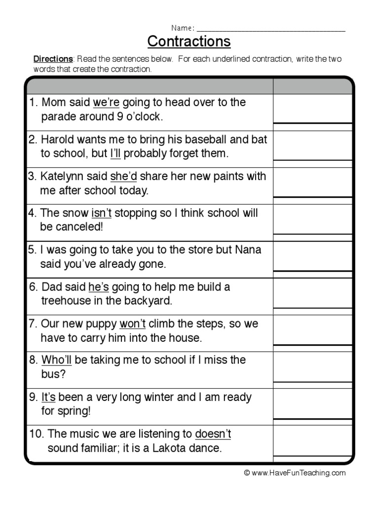Contractions Sentences Worksheets Cut And Paste Grammar Practice ...