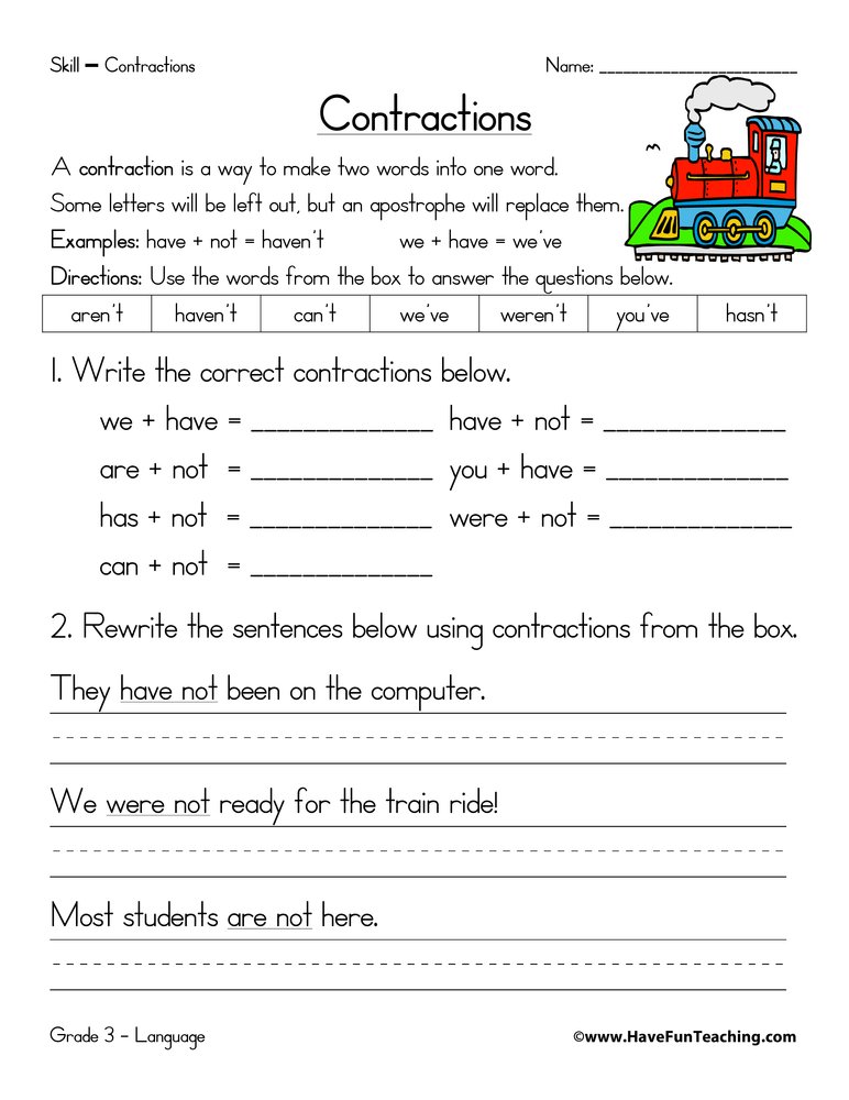Contractions Practice Worksheet - Worksheets Library