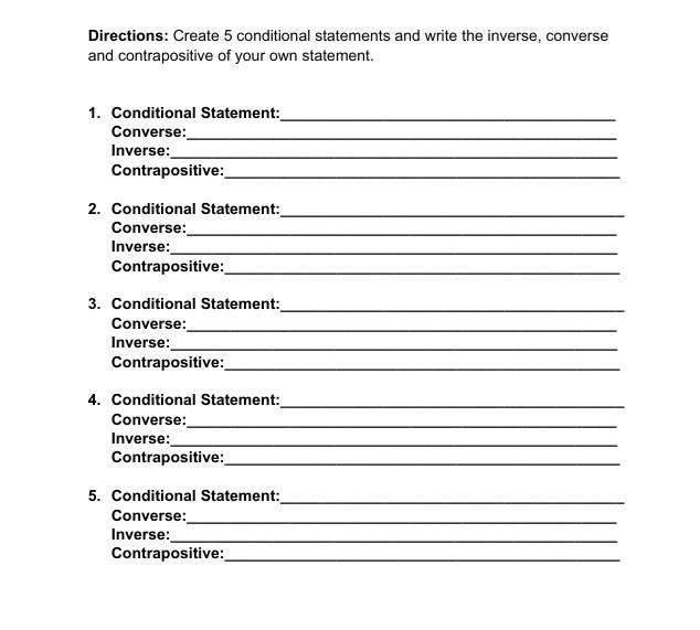 Solved Directions: Create 5 conditional statements and write ... - Worksheets Library