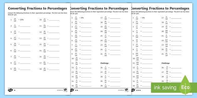 Converting Fractions to Percentages Differentiated Worksheet ...