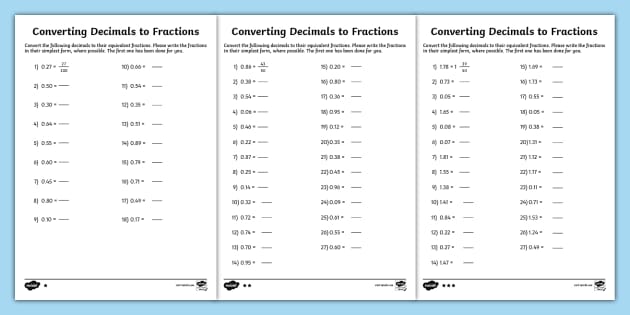 Converting Decimals to Fractions Worksheet | Twinkl - Twinkl ...