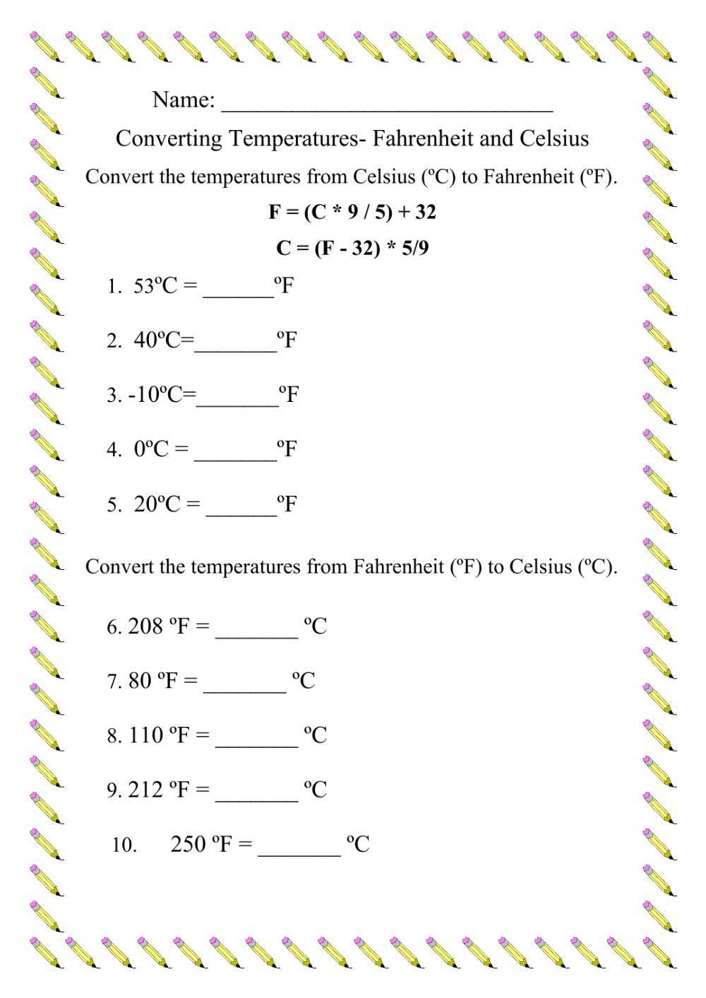 Converting Temepratures: Fahrenheit or Celsius worksheet | Live ...