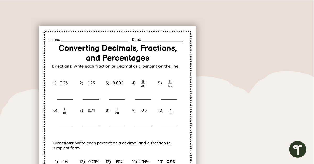Converting Decimals, Fractions, and Percentages – Worksheet ...