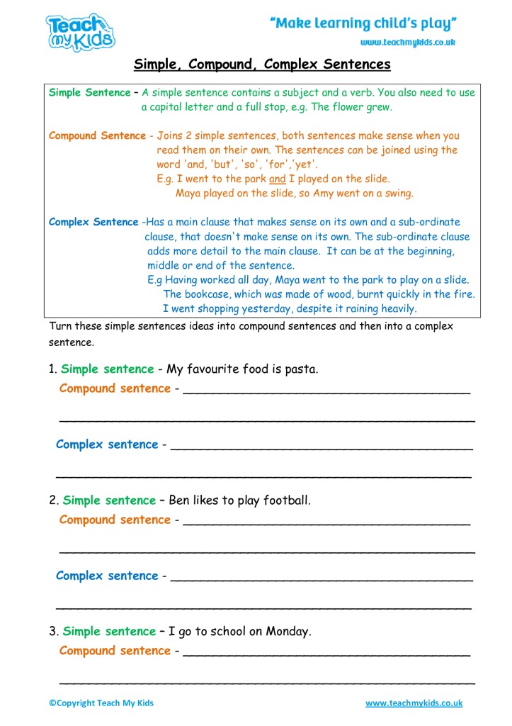 Simple, Compound, Complex Sentences - Worksheets Library