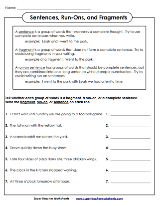 Sentences, Fragments, and Run-On Sentences - Worksheets Library