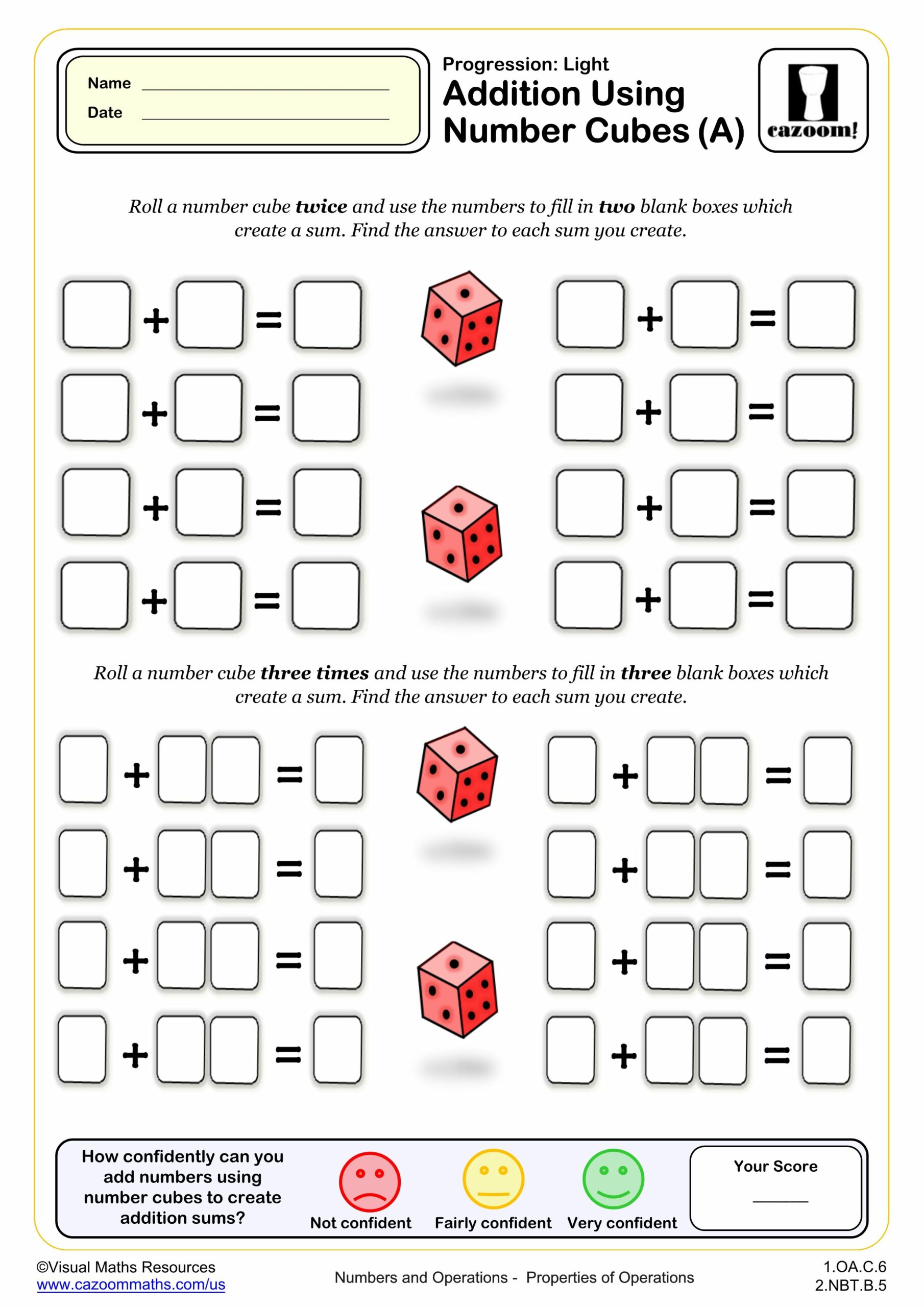 Addition Using Number Cubes A 1st Grade Pdf Addition Worksheets Worksheets Library