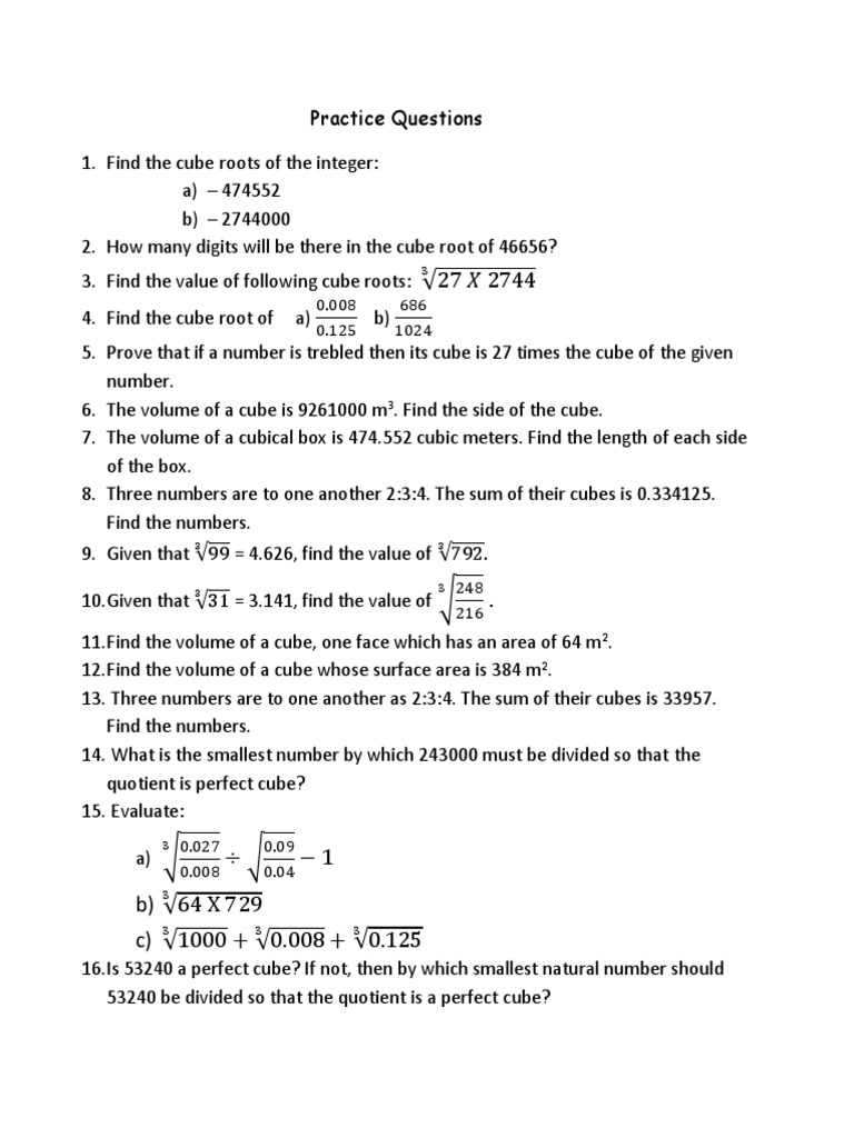 Class-8 Cube & Cube Roots Worksheet | PDF | Mathematical Objects ... - Worksheets Library