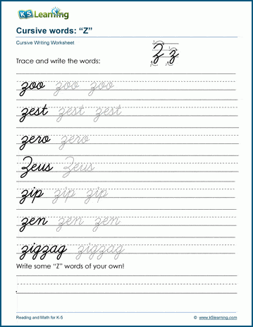 Cursive words starting with Z | K5 Learning - Worksheets Library