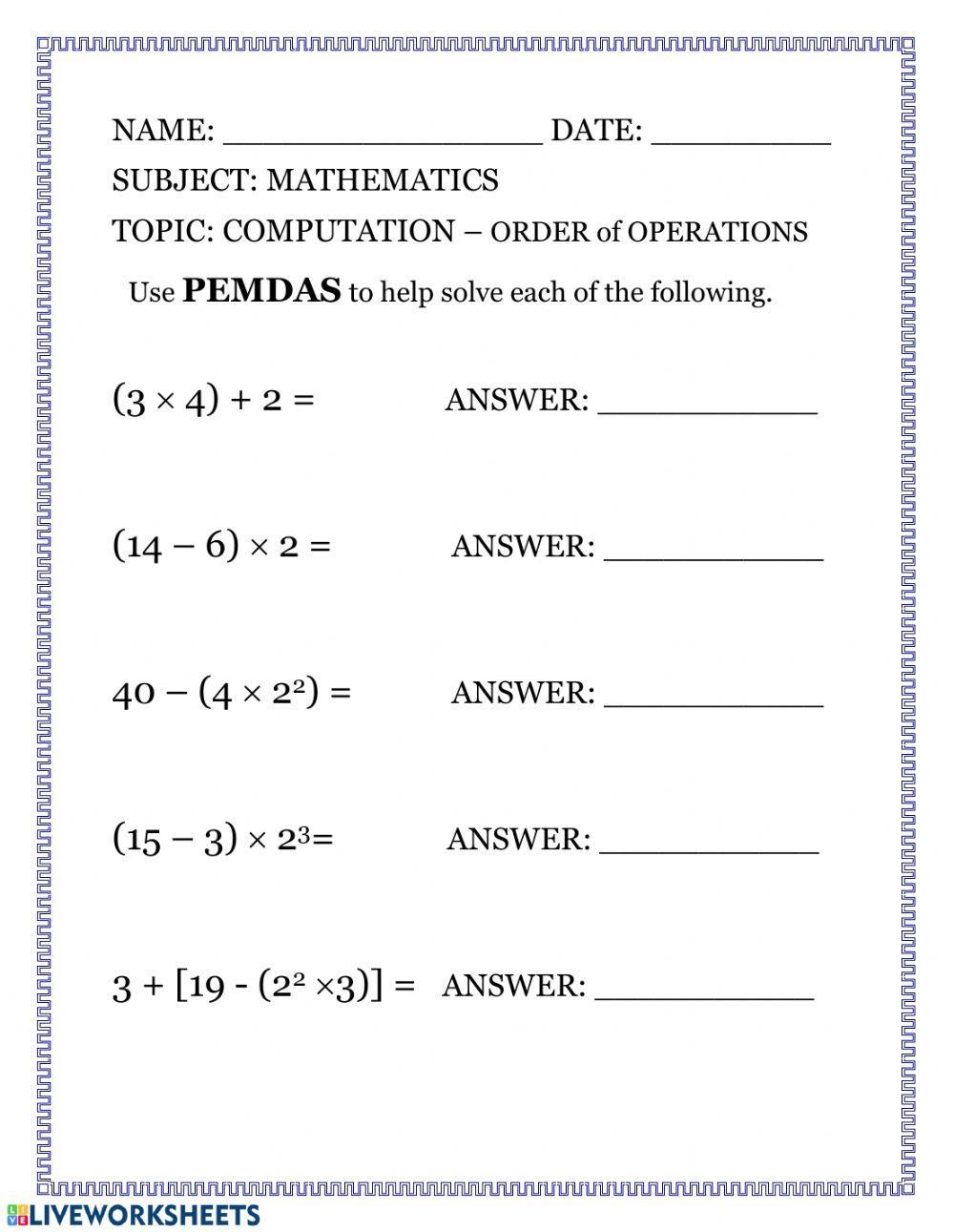 Computation Order Of Operations Worksheet Live Worksheets