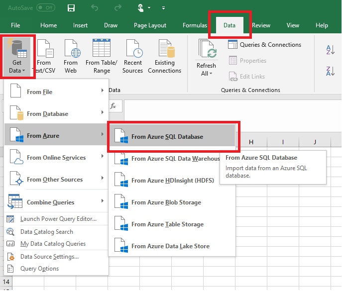 Connect With Excel Azure Sql Database And Azure Sql Managed Worksheets Library