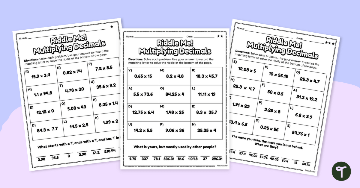 Multiplying Decimals – Riddle Worksheets | Teach Starter - Worksheets ...