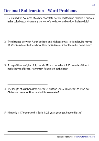 Subtracting Decimals Word Problems Worksheets - Worksheets Library