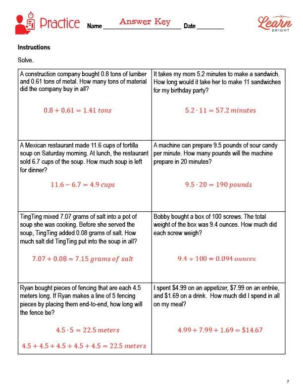 Solving Decimal Word Problems Interactive Worksheet