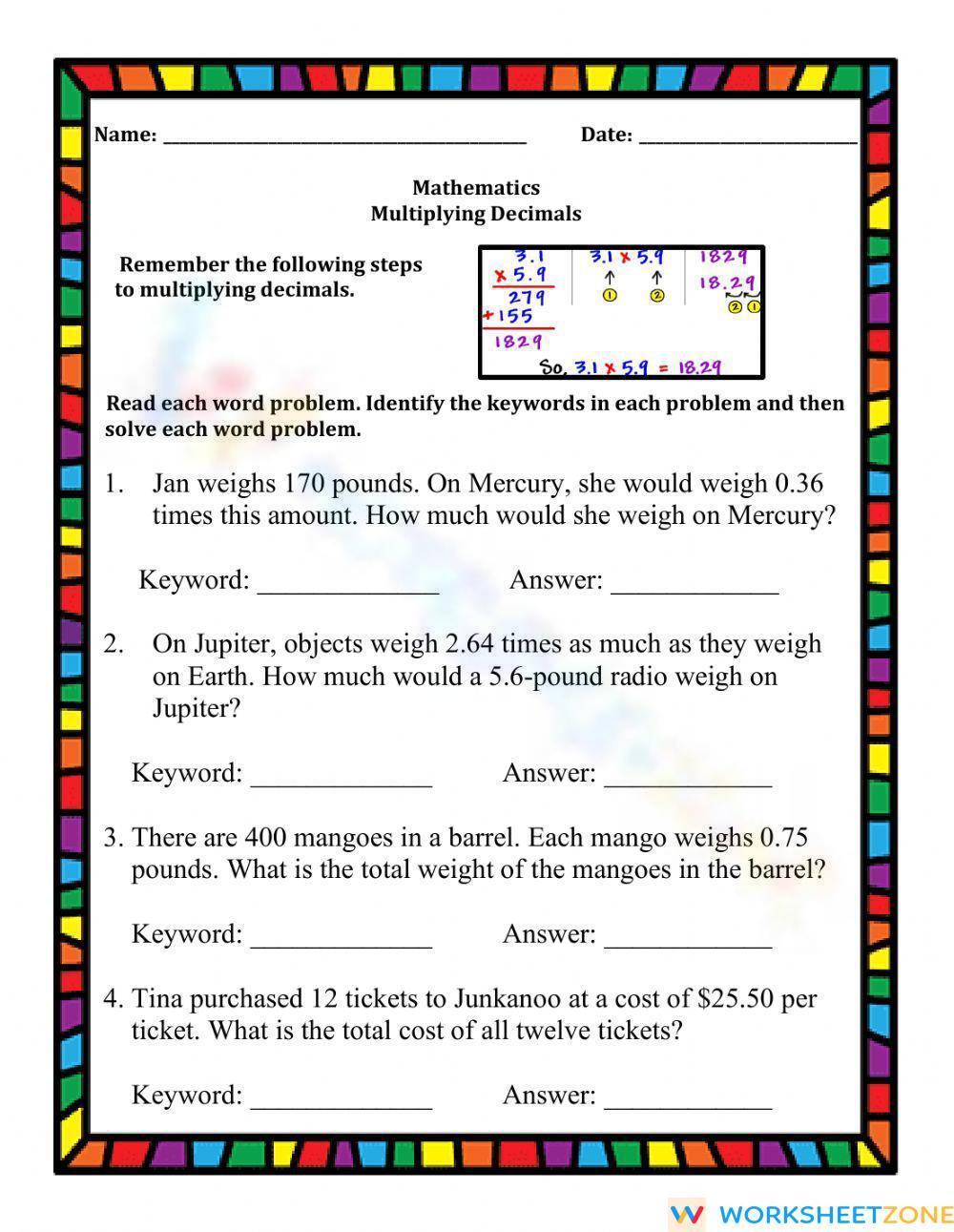 Subtract Decimal Numbers With 1 Decimal Place Cooking Word