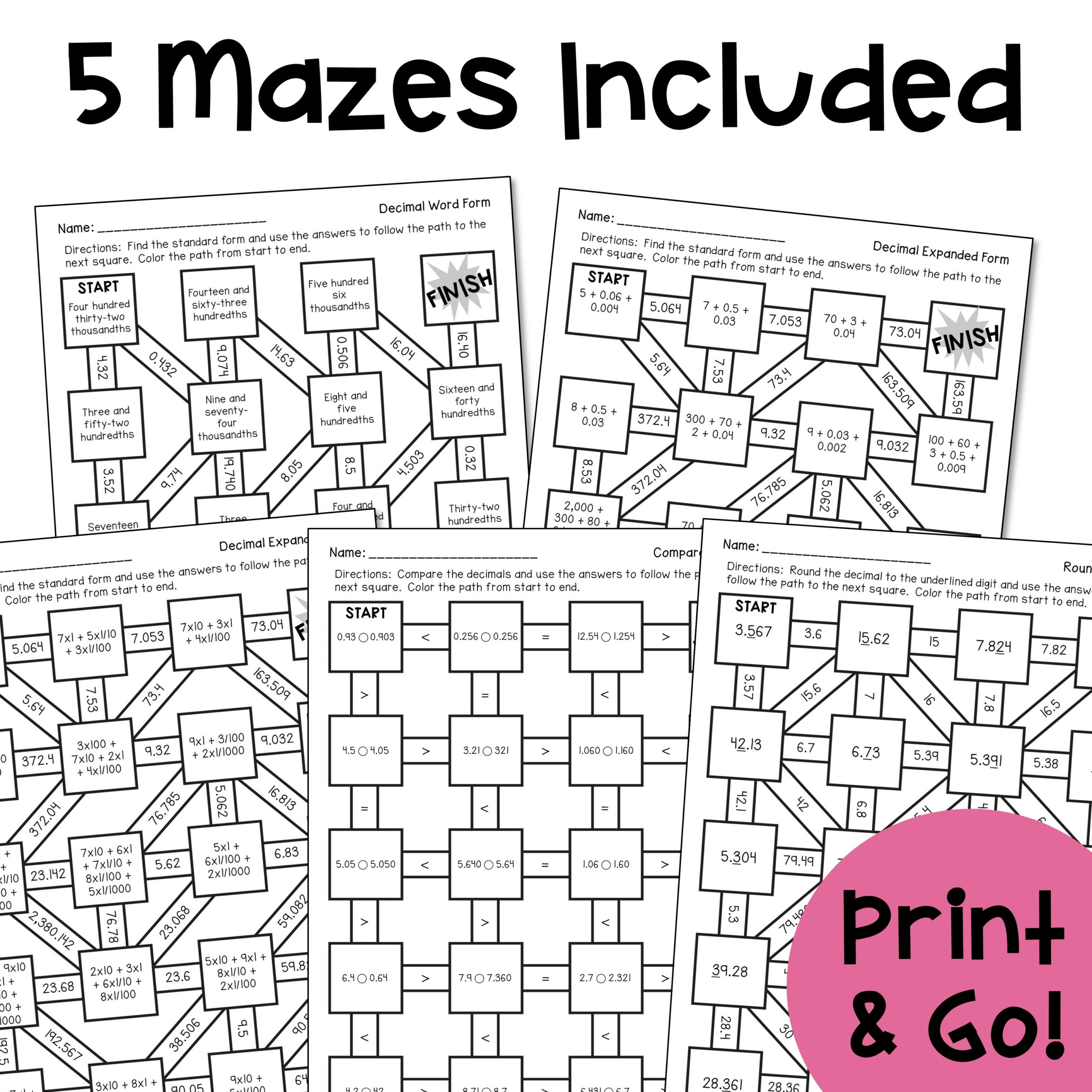 Decimal Place Value Math Maze Worksheets - 5th Grade | Made By ...