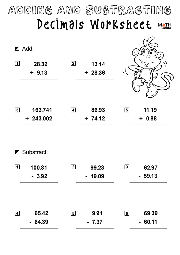 Adding and Subtracting Decimals Worksheets - Math Monks - Worksheets ...