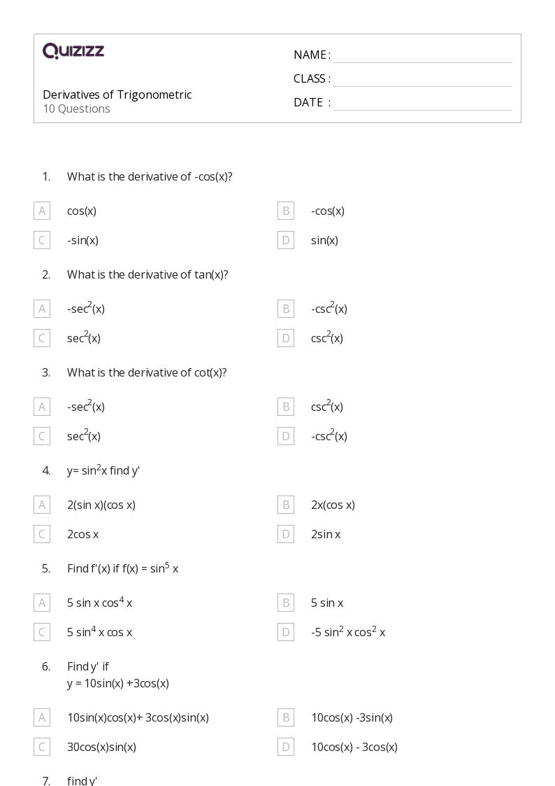 50 Derivatives Worksheets On Quizizz Free Printable Worksheets