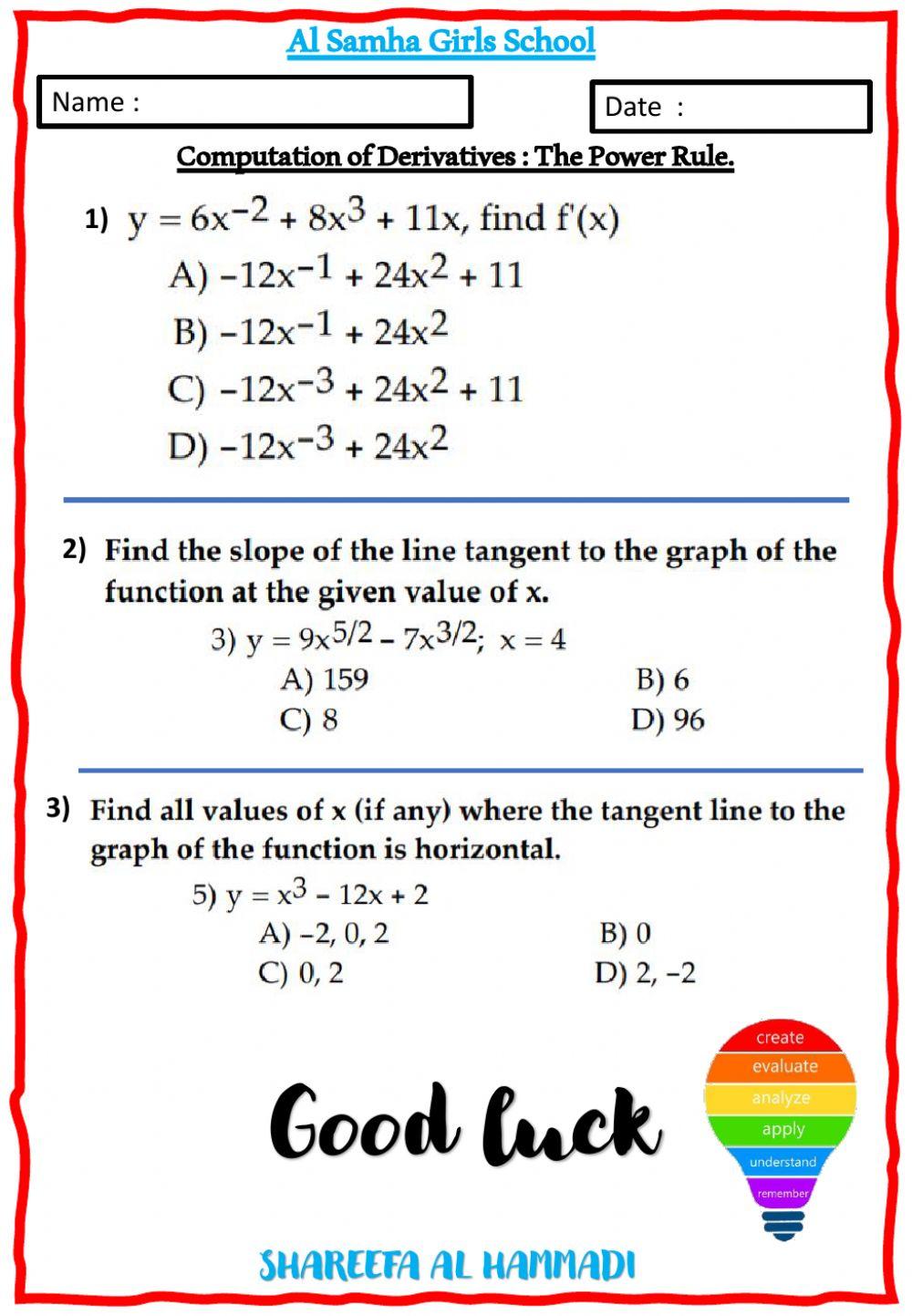 Computation Of Derivatives The Power Rule Starter Online Exercise Worksheets Library