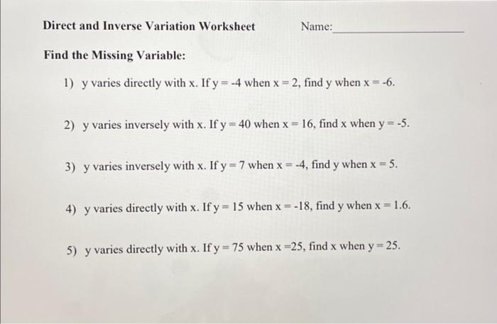 Solved Direct And Inverse Variation Worksheet Name Find The