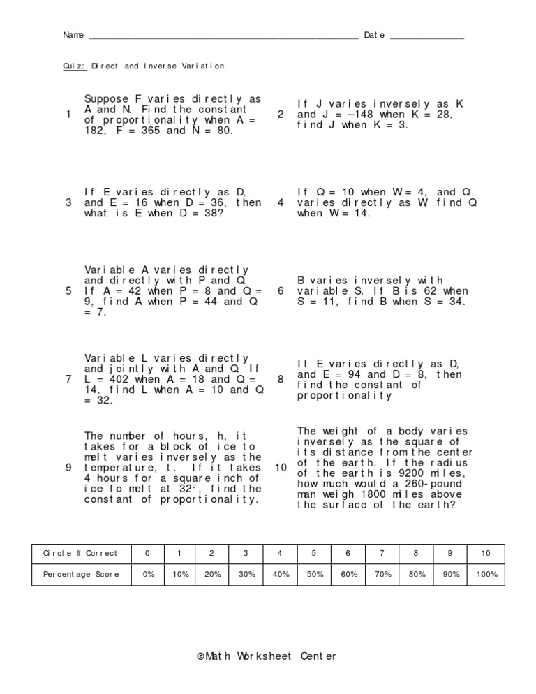Algebra 2 †Lesson 10a Worksheet Direct Inverse And Joint