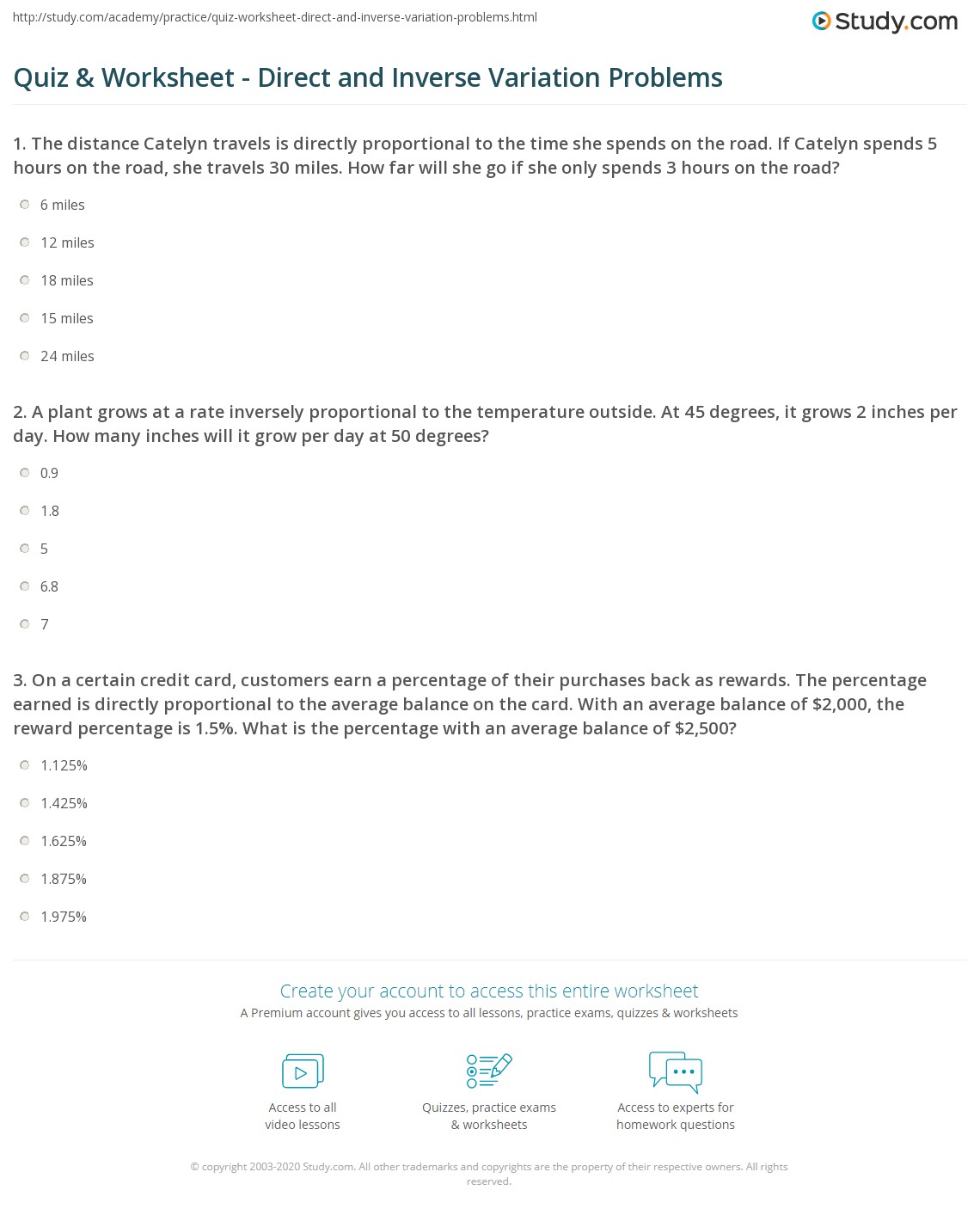 Quiz And Worksheet Direct And Inverse Variation Problems