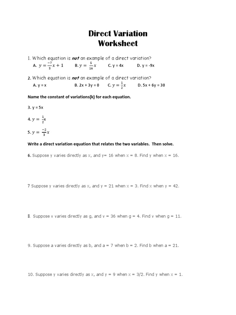 Direct Variation Worksheets PDF | PDF | Variable (Mathematics ... - Worksheets Library